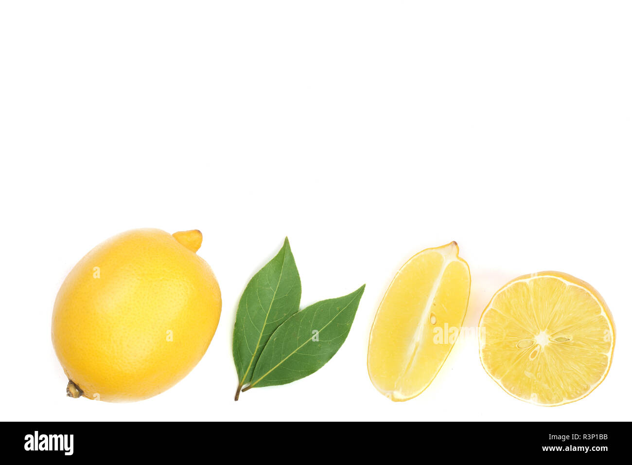lemon with leaves and slices isolated on white background with copy ...