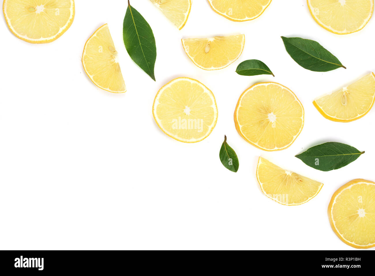 Slices lemon with leaves isolated on white background with copy space ...