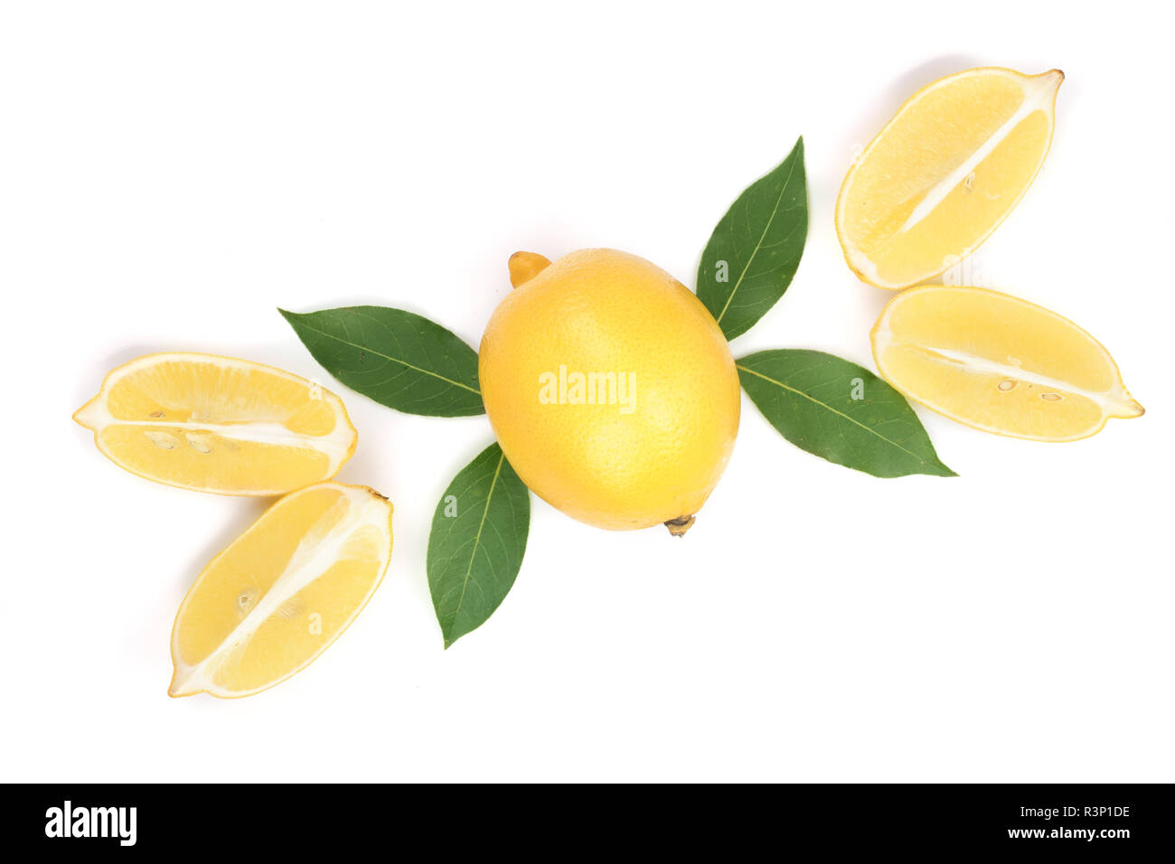 lemon and slices with leaf isolated on white background. Flat lay, top ...