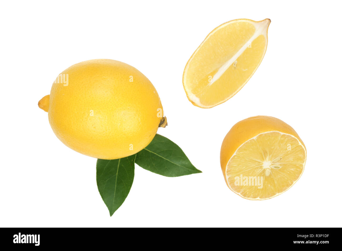 lemon and slices with leaf isolated on white background. Flat lay, top ...