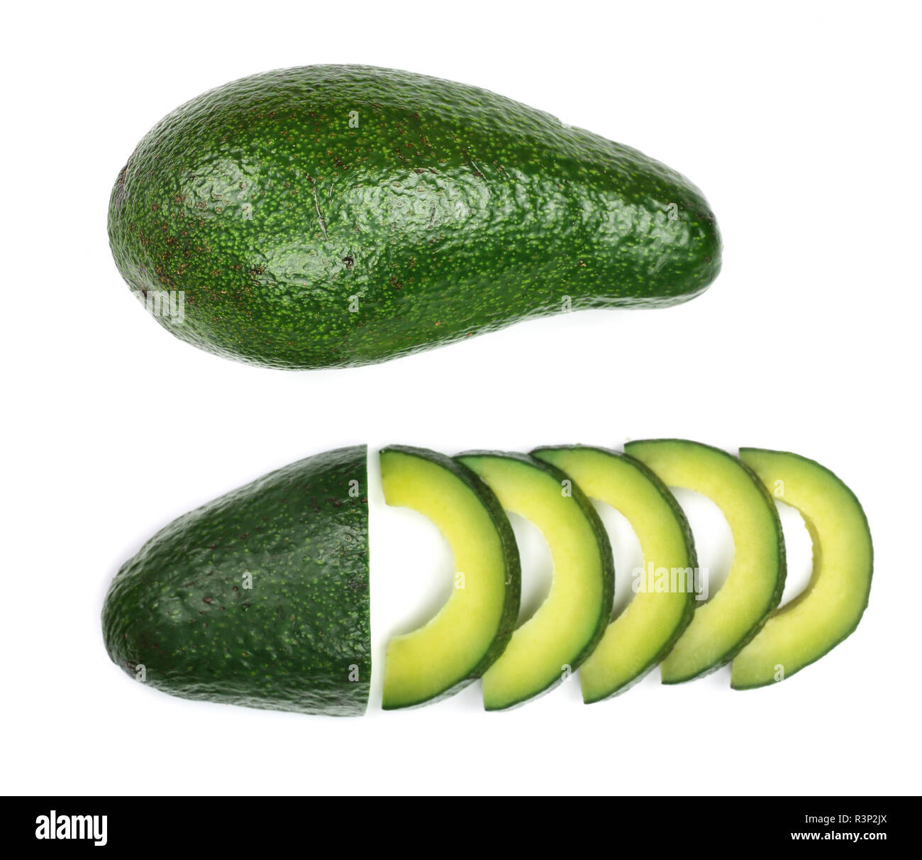 avocado with slices isolated on white background. Top view. Flat lay ...