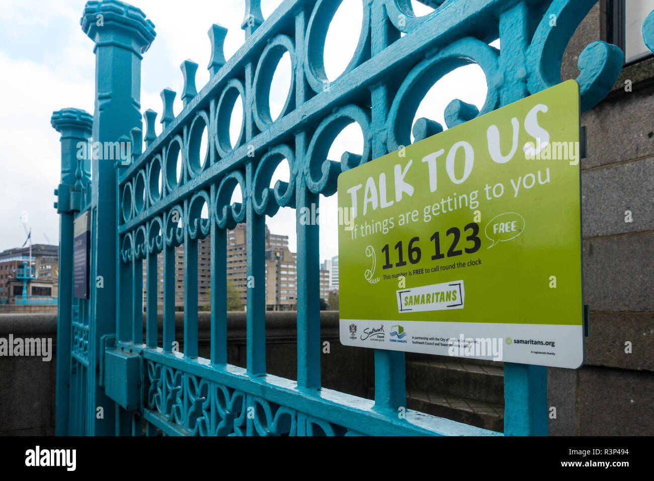The Samaritans sign on blue gate in London, UK Stock Photo - Alamy