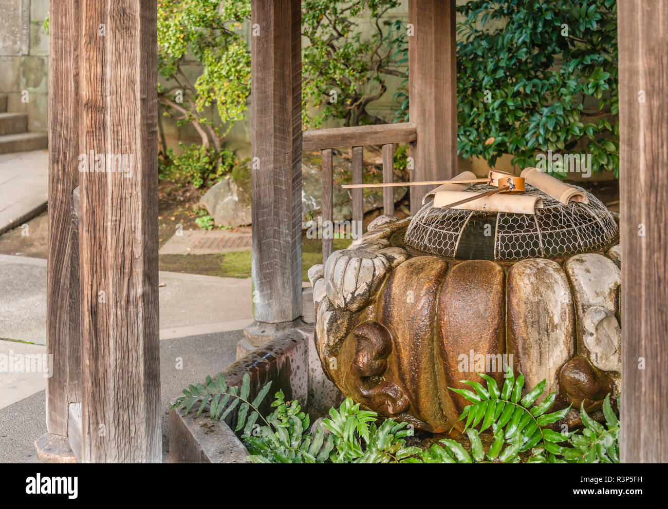 Chozuya or temizuya Shinto water ablution pavilion at Hanazono Inari ...