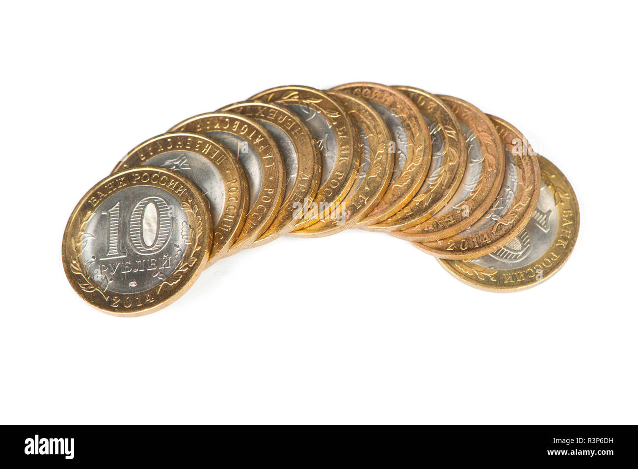 Russian metallic roubles coins stack isolated on white background Stock ...