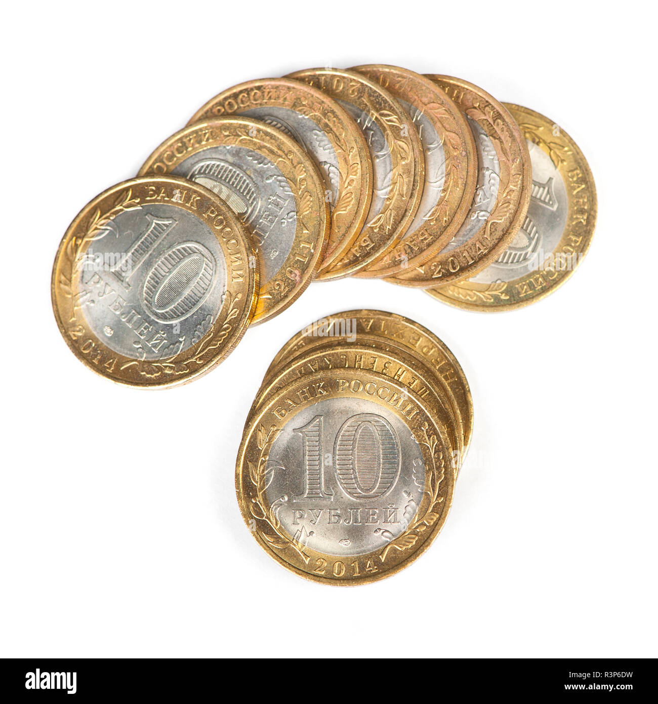 Russian metallic roubles coins stack isolated on white background Stock ...