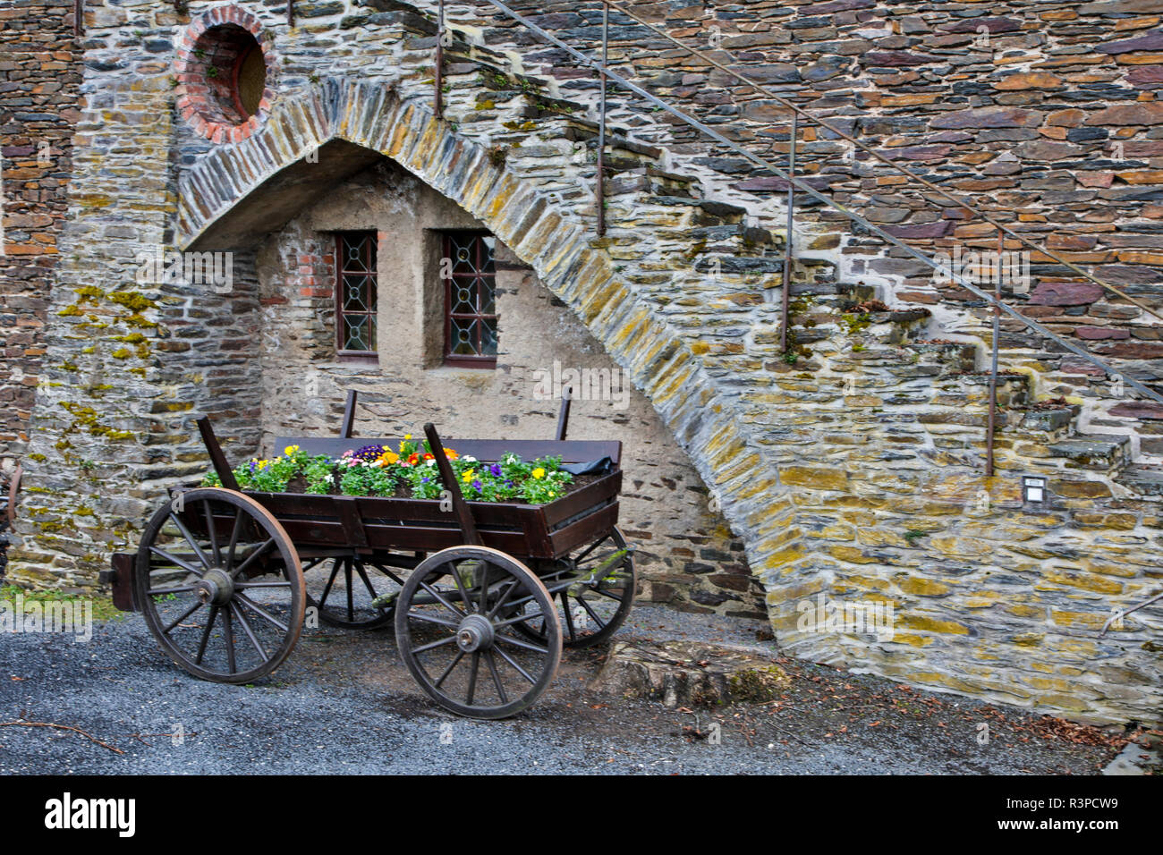 Germany, Rhineland-Palatinate, Cochem, Reichsburg Castle, Flower Cart ...