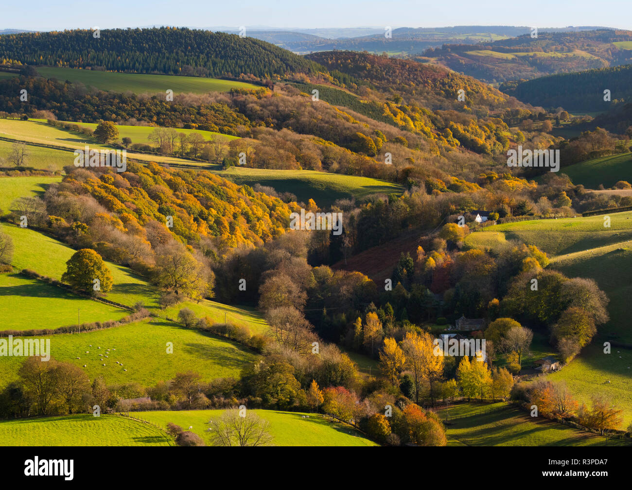 The Clun Valley, with Obley Village, seen from Black Hill, Shropshire ...