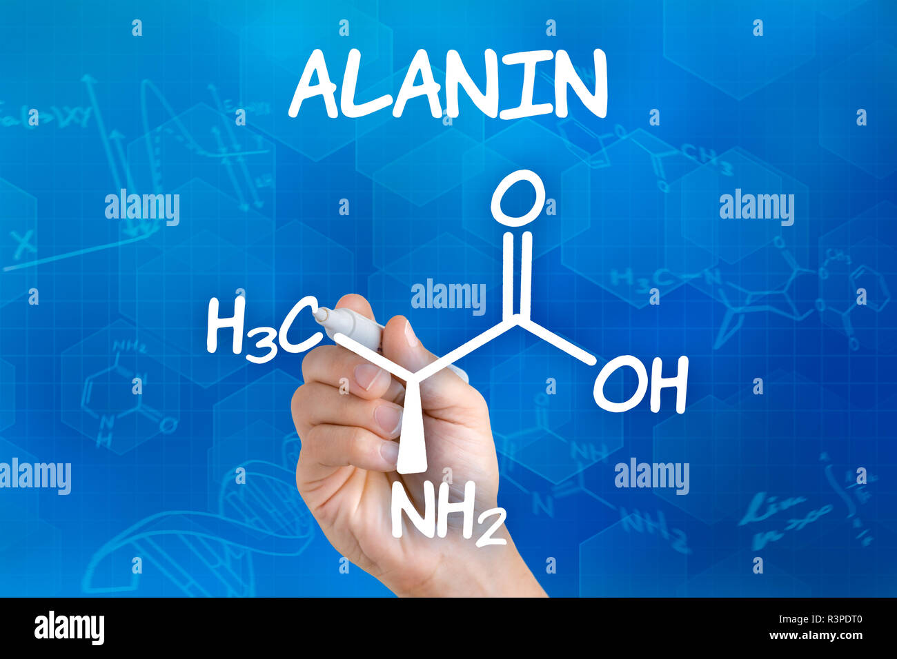 hand with pencil draws chemical structural formula of alanine Stock ...