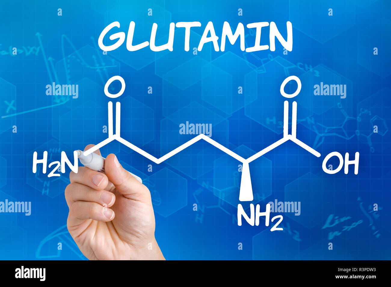 hand with pen draws chemical structural formula of glutamine Stock ...