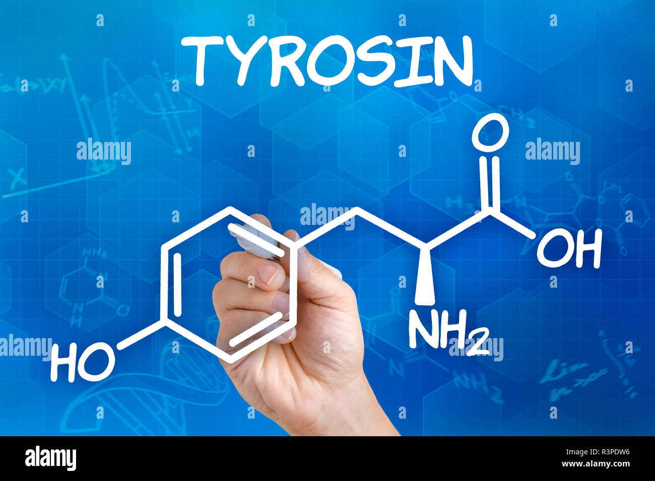 hand with pen draws chemical structural formula of tyrosine Stock Photo ...