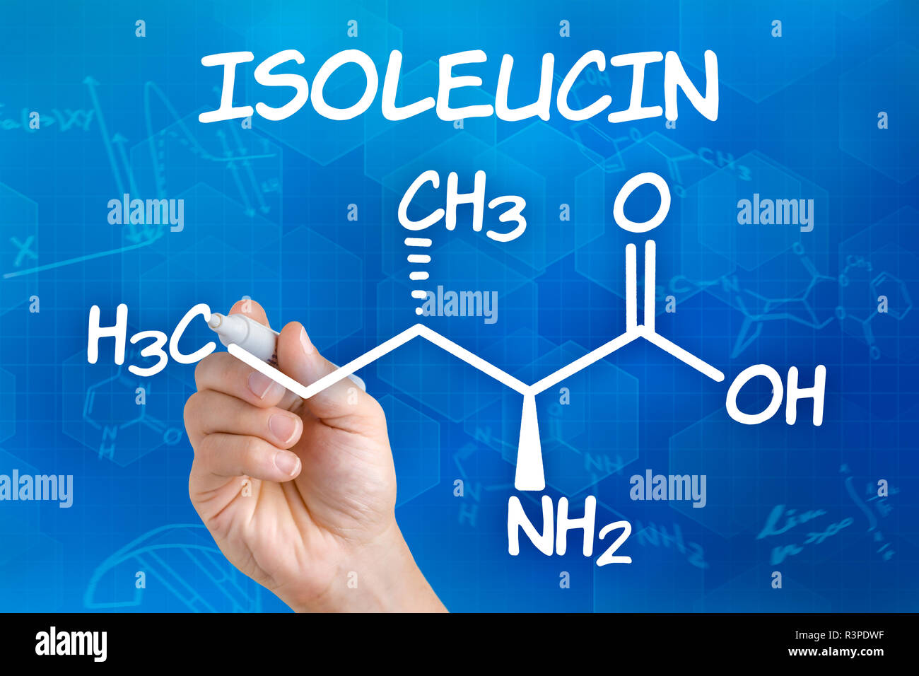 hand with pen draws chemical structural formula of isoleucine Stock ...