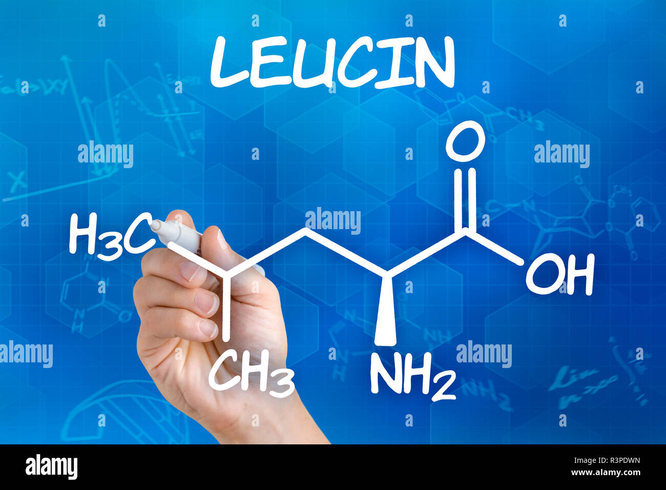 hand with pen draws chemical structural formula of leucine Stock Photo ...