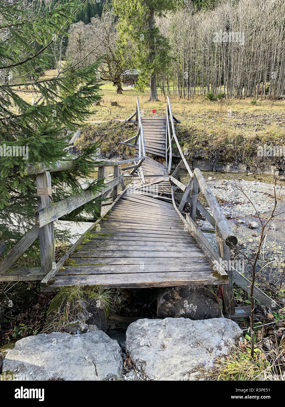 Collapsed rotten bridge in the mountains of Füssen, Bavaria, Germany ...