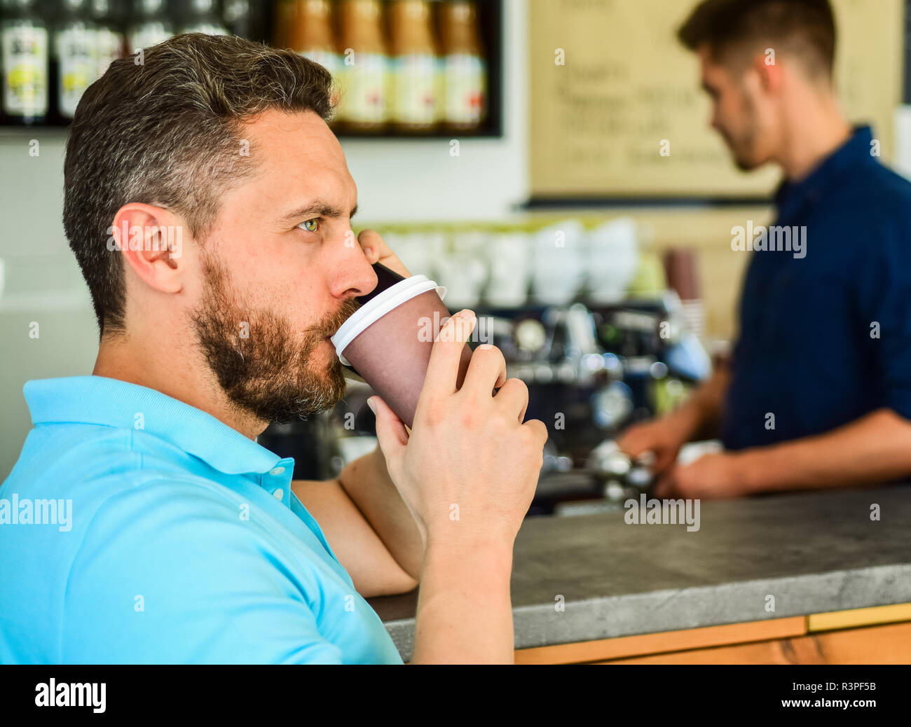 Confident entrepreneur communicate mobile. Start great day. Traditional beginning of his day ...