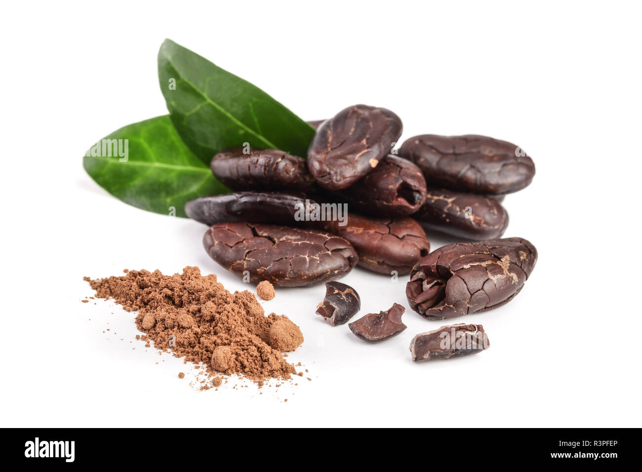 peeled cocoa bean with leaf and cocoa powder isolated on white ...