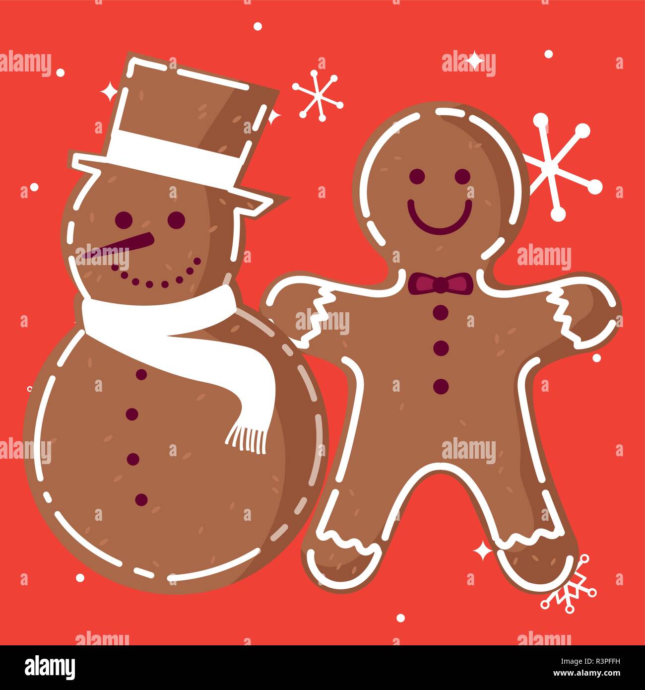 snowman and gingerbread man cookies over red background, vector ...