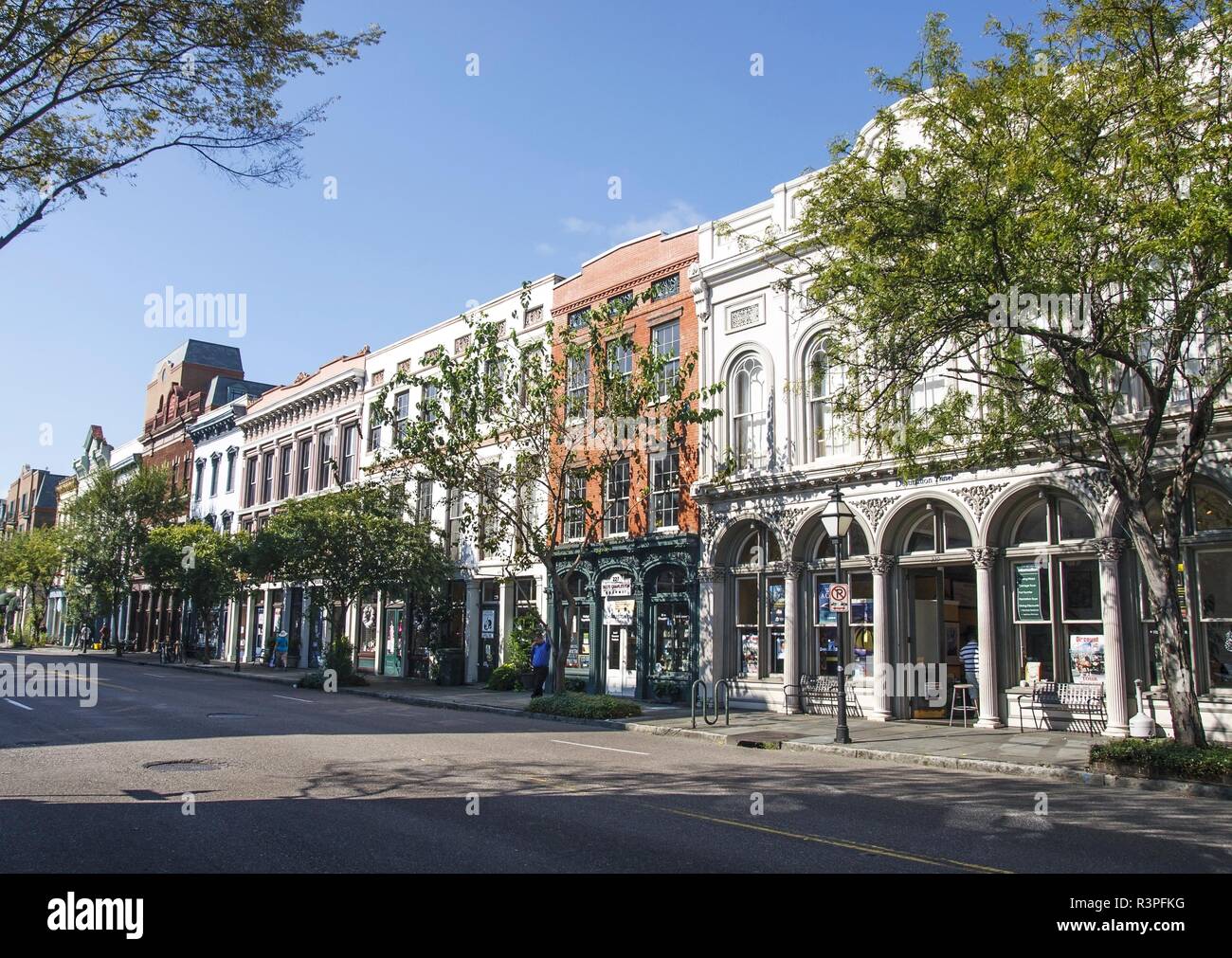 Old store fronts on an empty street in Charleston, South Carolina Stock ...