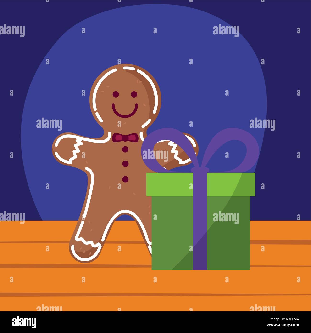 gingerbread man cookie and gift box over colorful background, vector ...