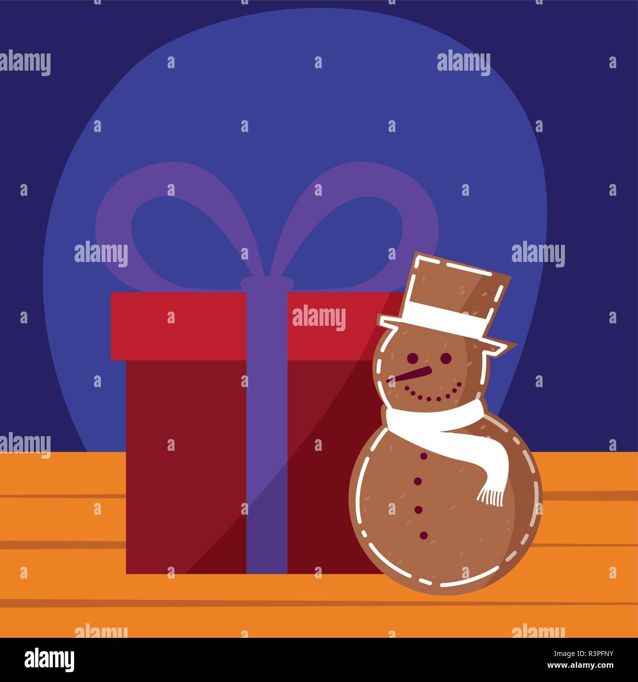 gift box and snowman over purple background, colorful design. vector ...