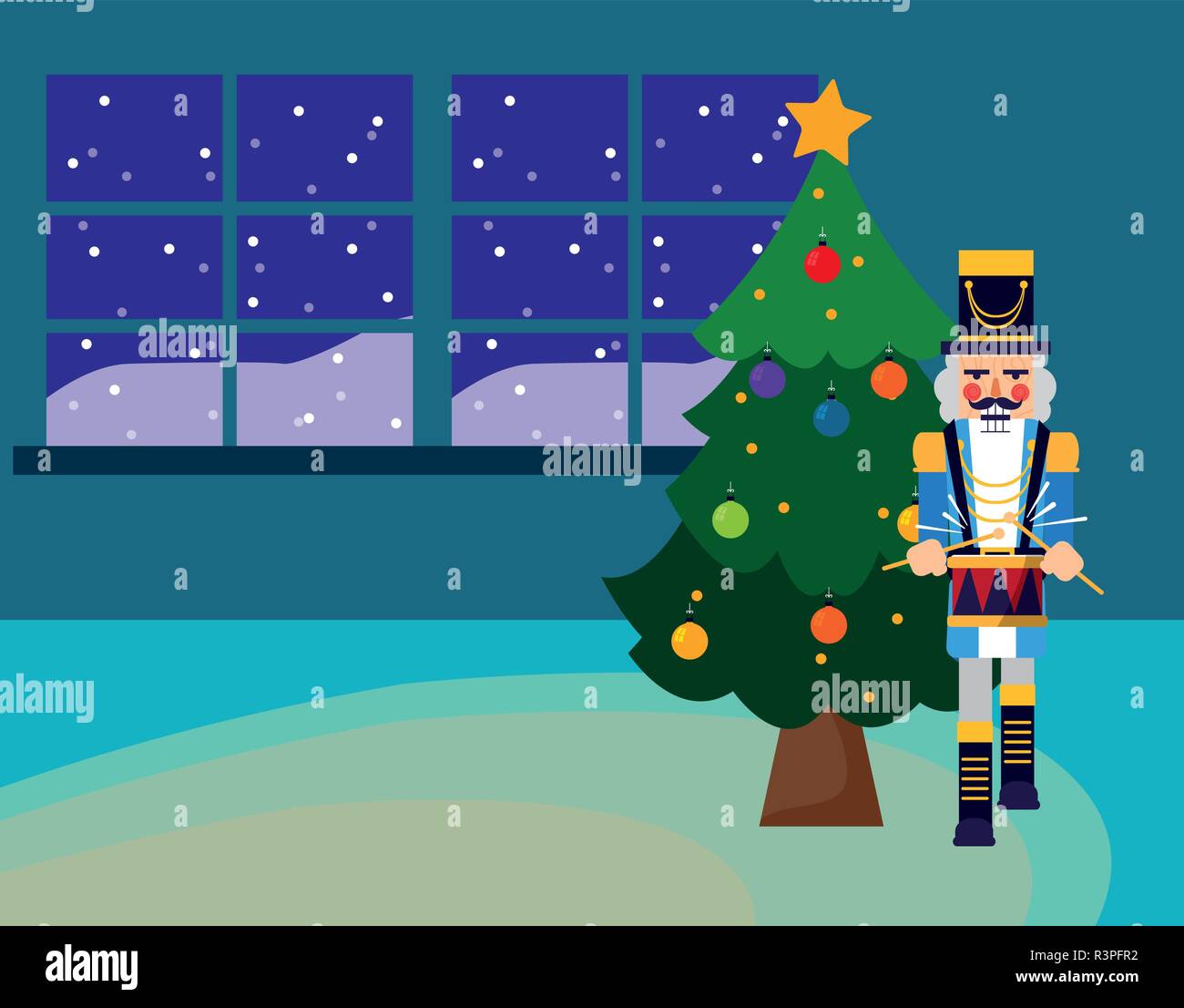 Christmas tree and nutcracker over window and blue background, vector ...
