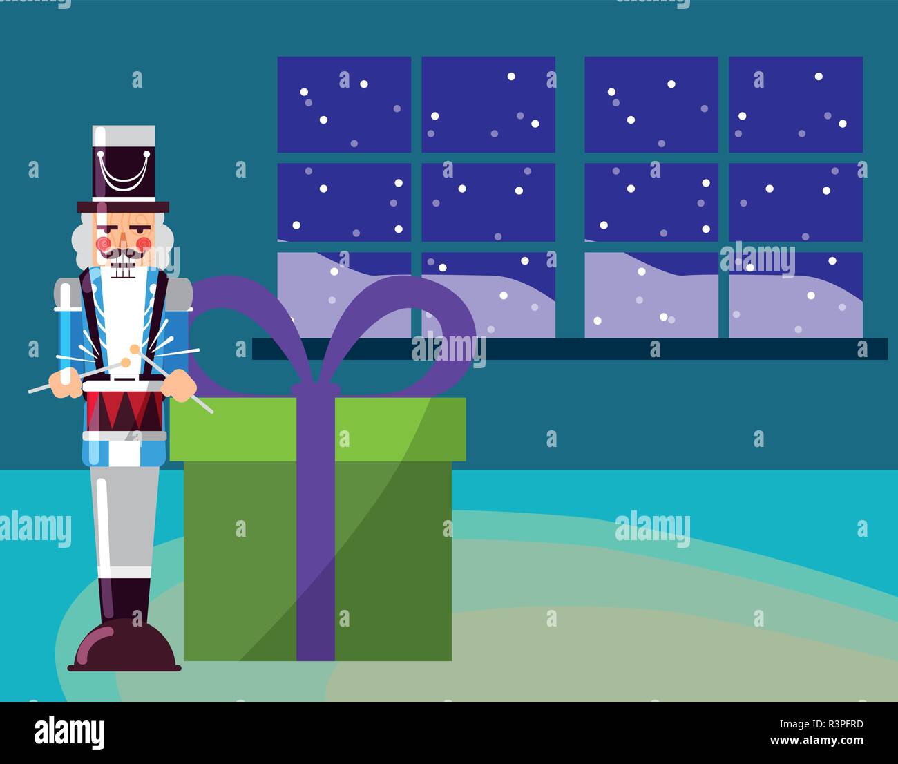 Nutcracker and gift box over window and blue background, vector ...