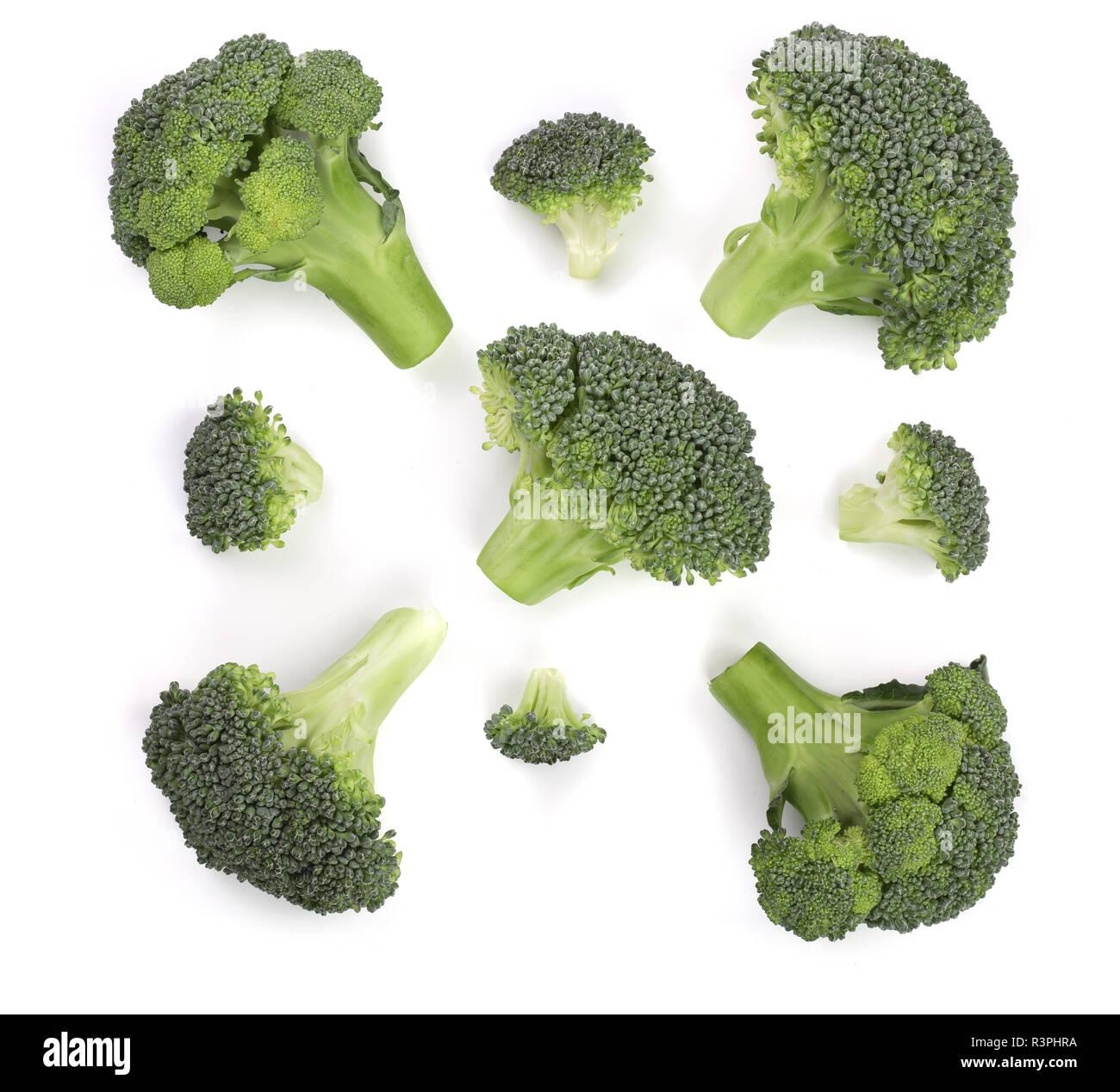 fresh broccoli isolated on white background. Top view. Flat lay pattern ...