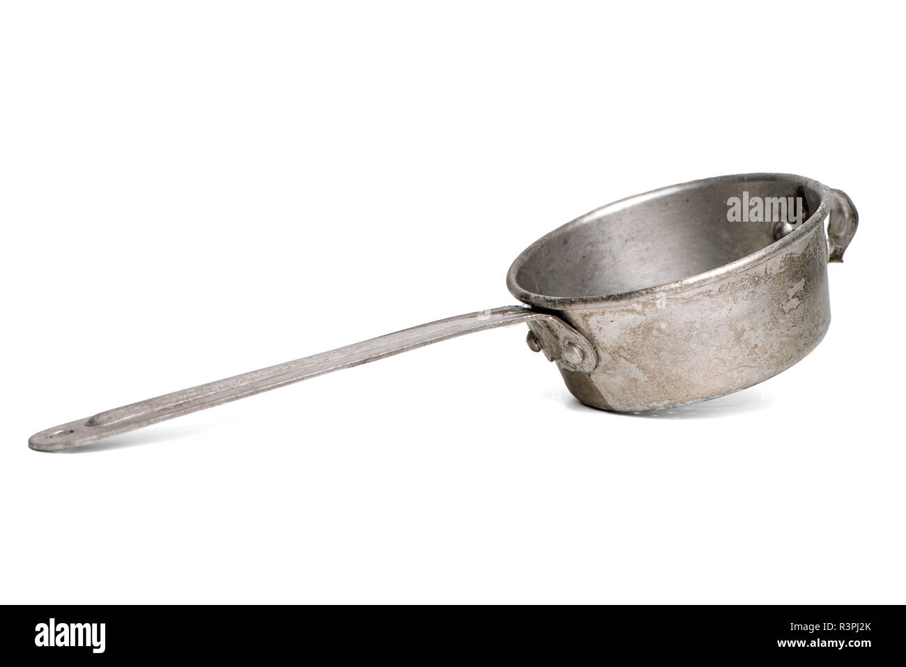 Old metal colander on white background Stock Photo - Alamy