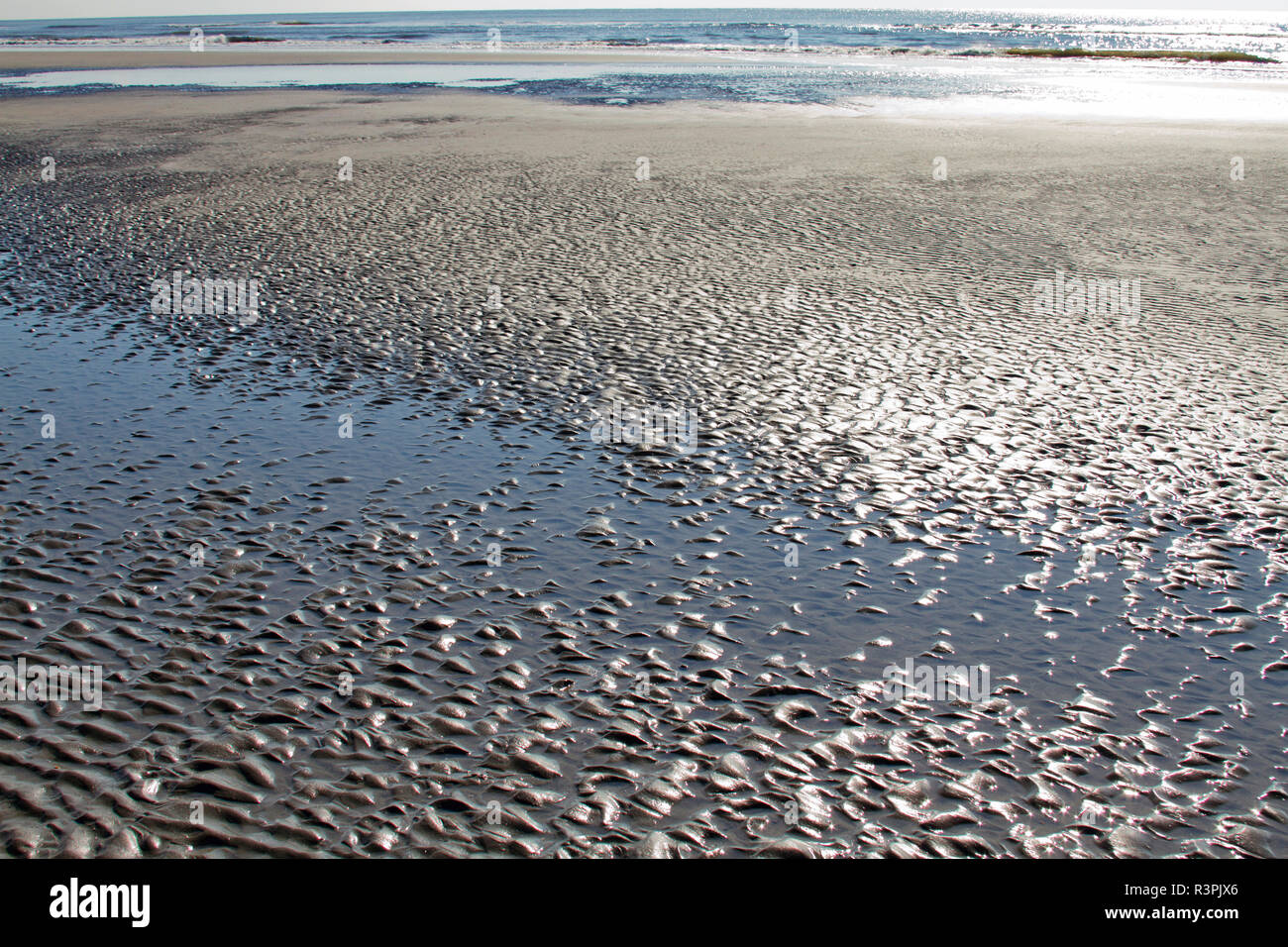 A scenic, shallow, tide pool by the sea with ripples textured by the ...
