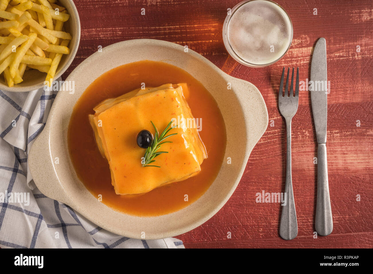 Traditional Portuguese snack food. Francesinha sandwich of bread ...