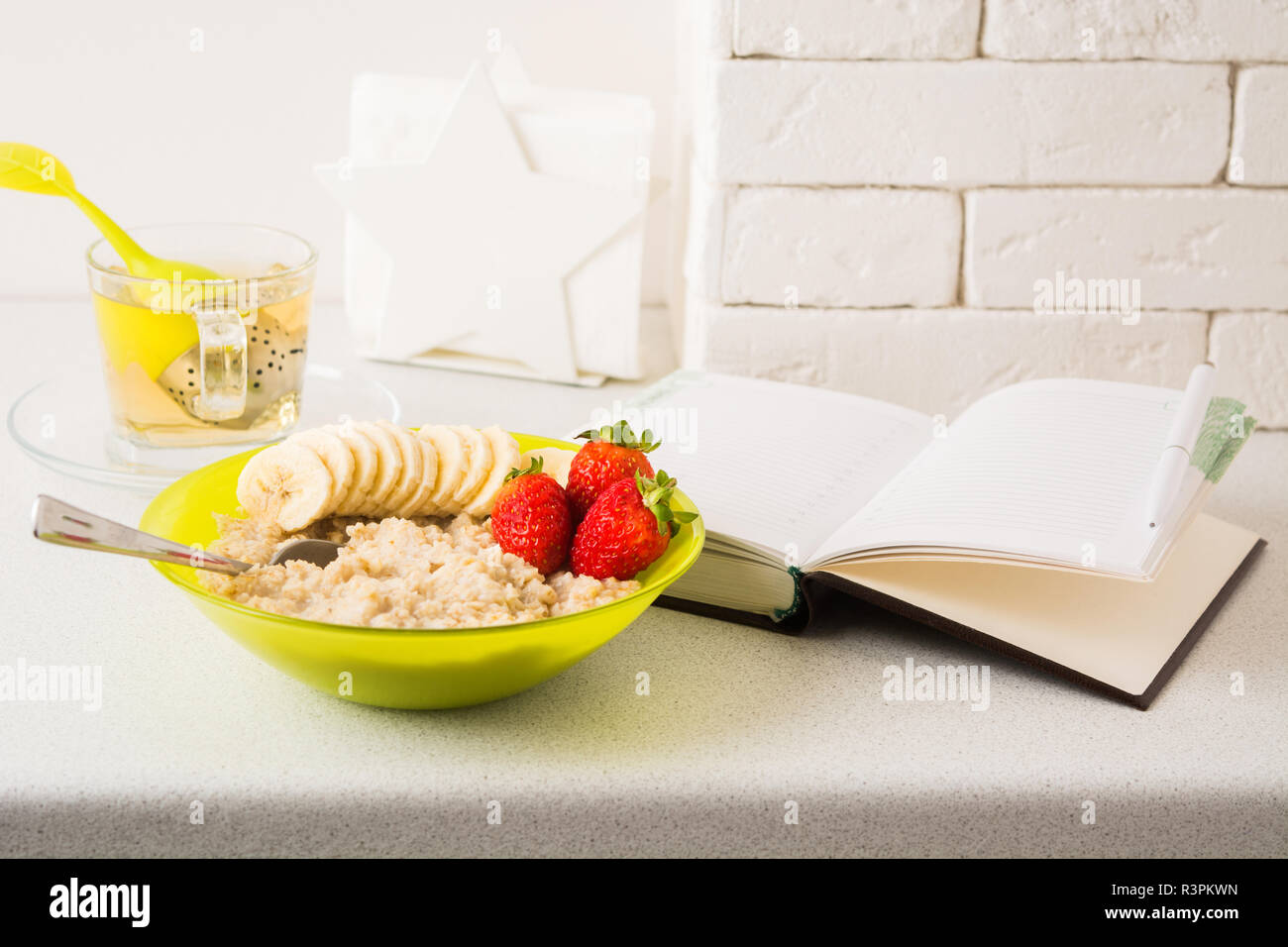 Healthy breakfast with planning concept, light background Stock Photo ...