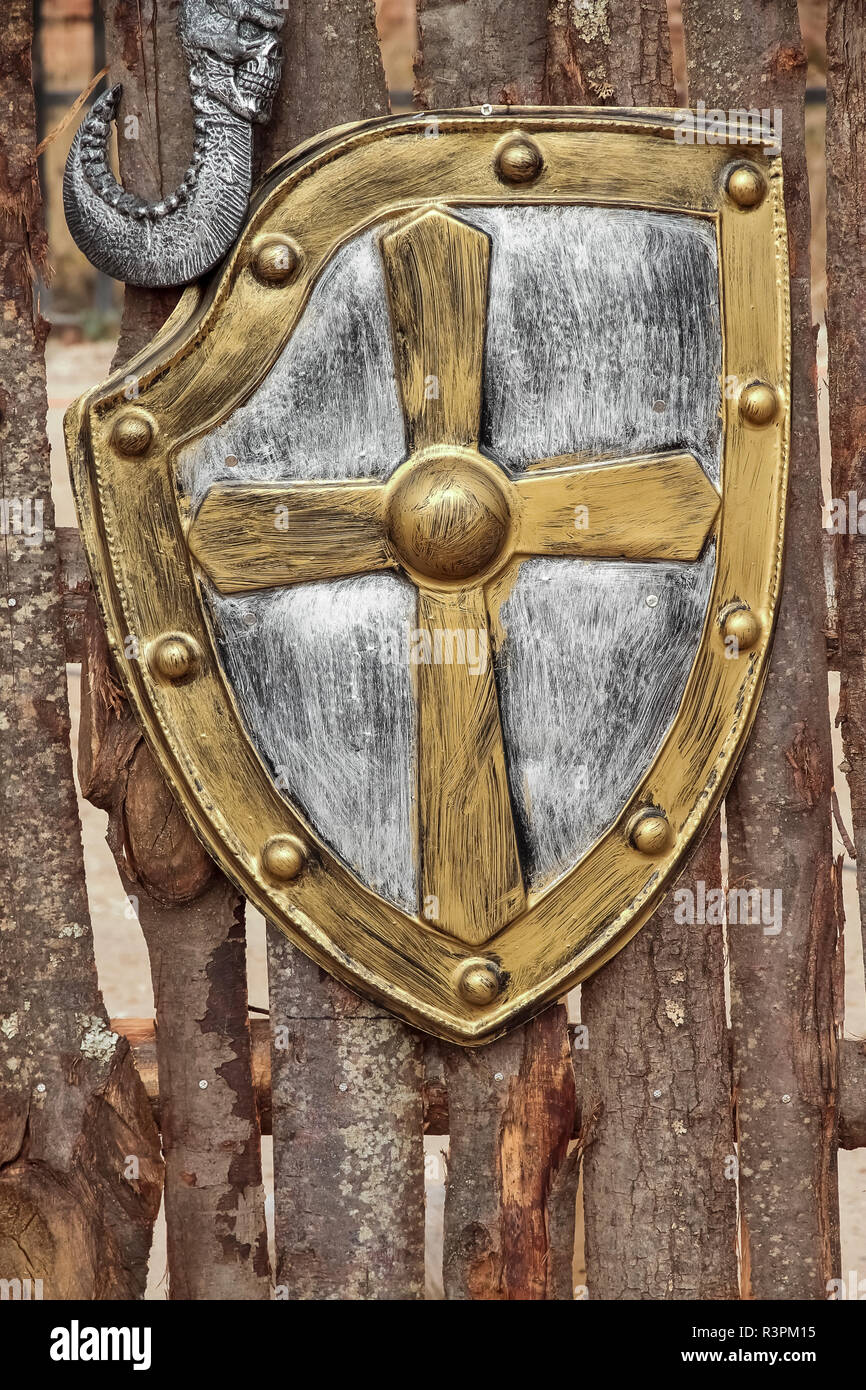 foreground of a medieval shield with the symbol of a cross over tree ...