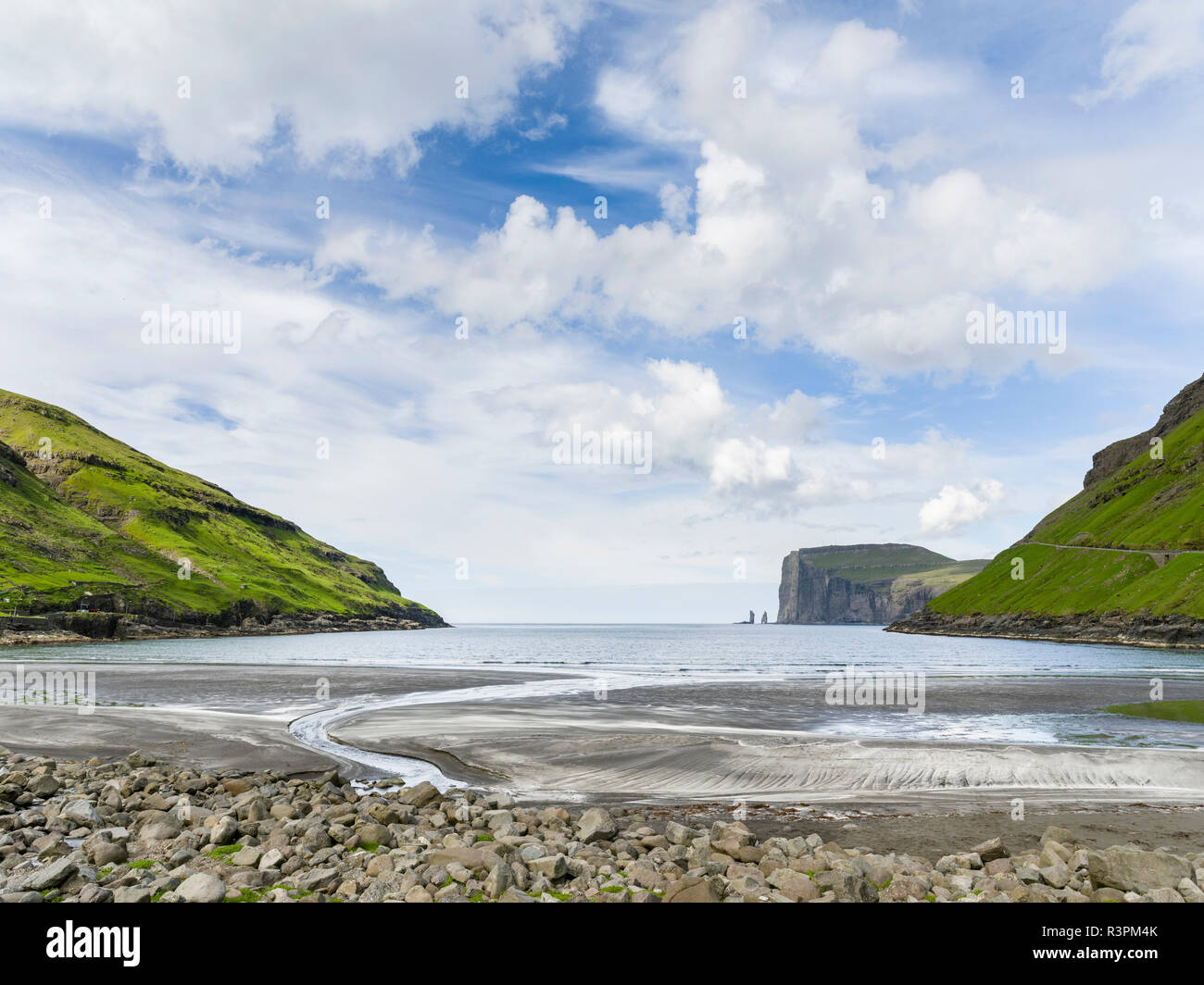 Beach at Tjornuvik. In the background the island Eysturoy with the ...