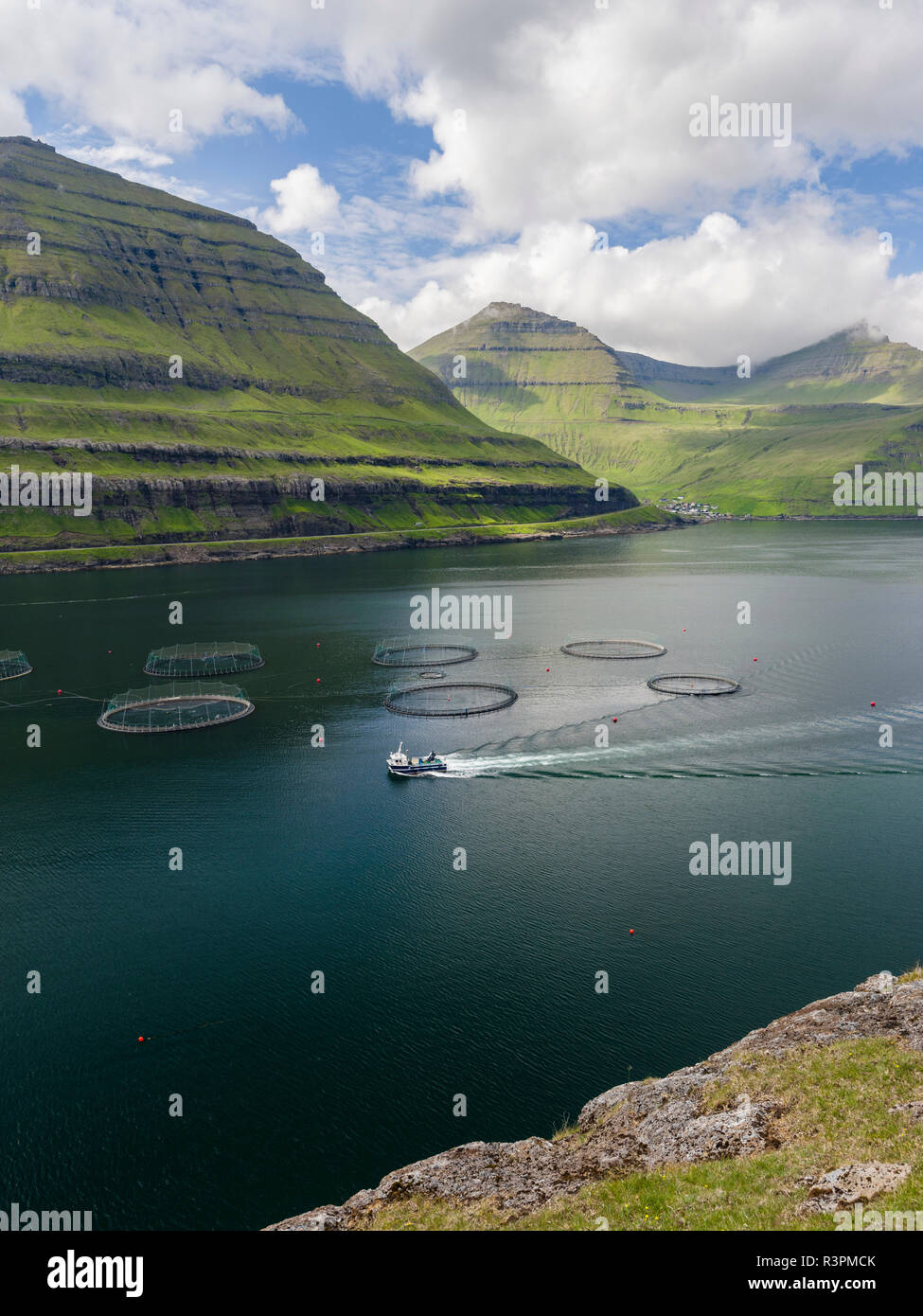 Fish farming in the fjord Funningsfjordur. Northern Europe, Denmark ...