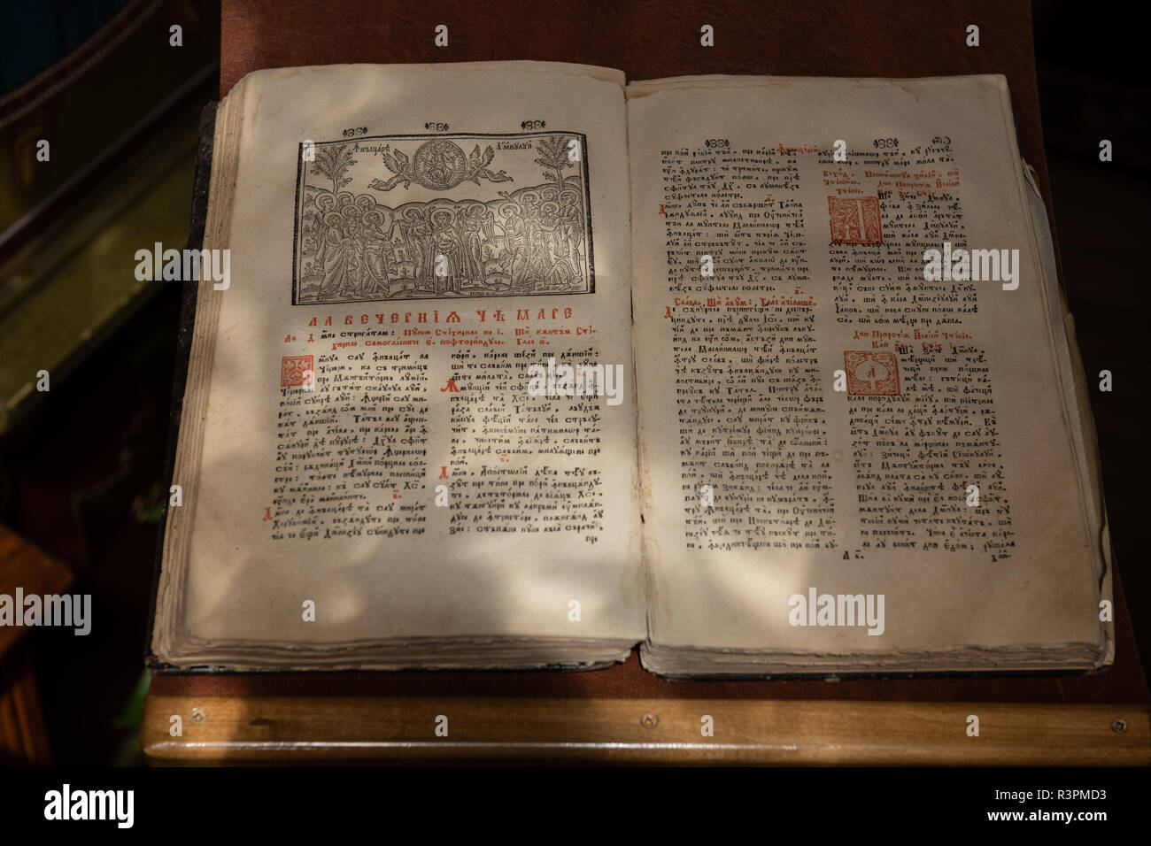 Old Christian manuscript written in Cyrillic on church pulpit Stock ...