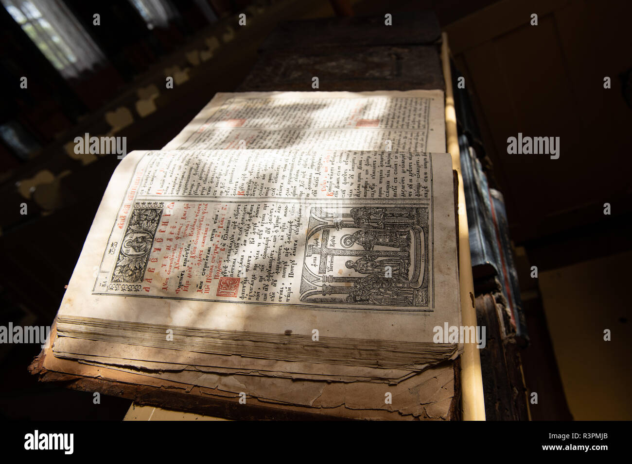 Old Christian manuscript written in Cyrillic on church pulpit Stock ...