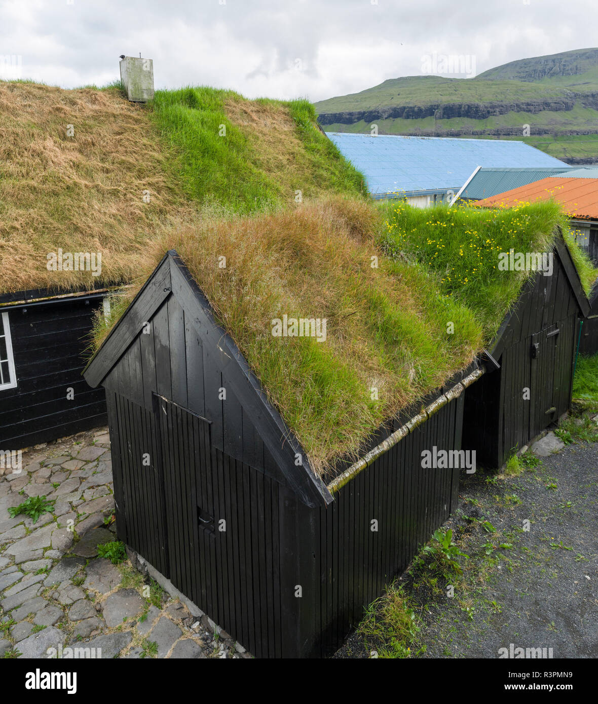 Village of Eidi located at the Sundini sound. Northern Europe, Denmark ...