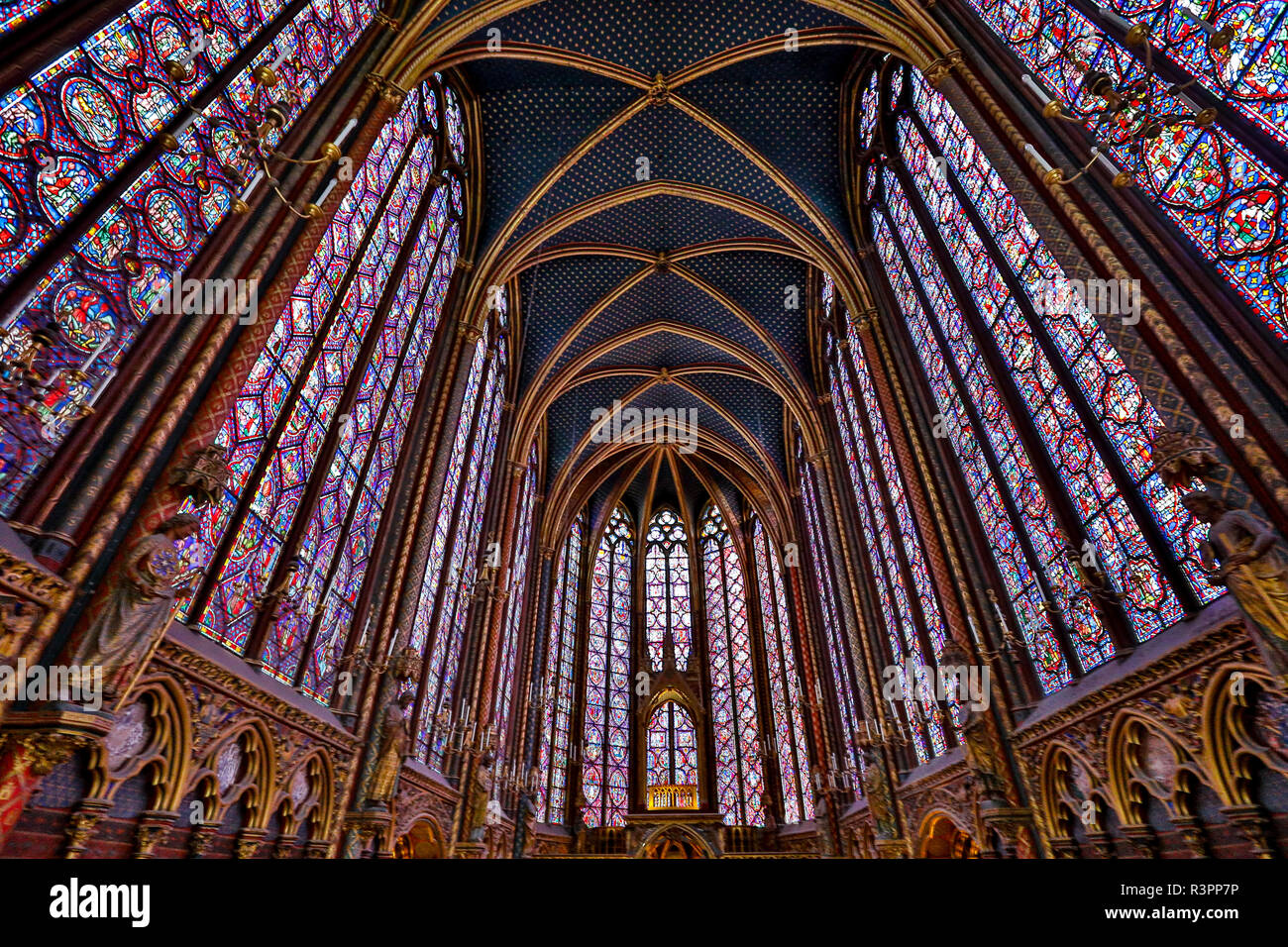 Interior view of beautiful stained glass, and arched ceiling, Sainte ...