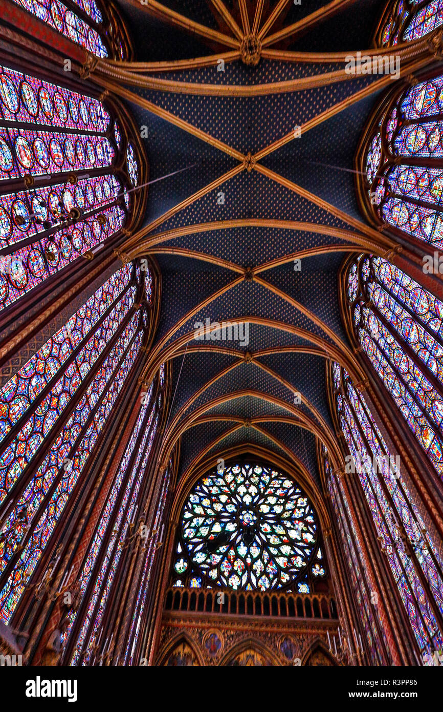 Interior view of beautiful stained glass, and arched ceiling, Sainte ...