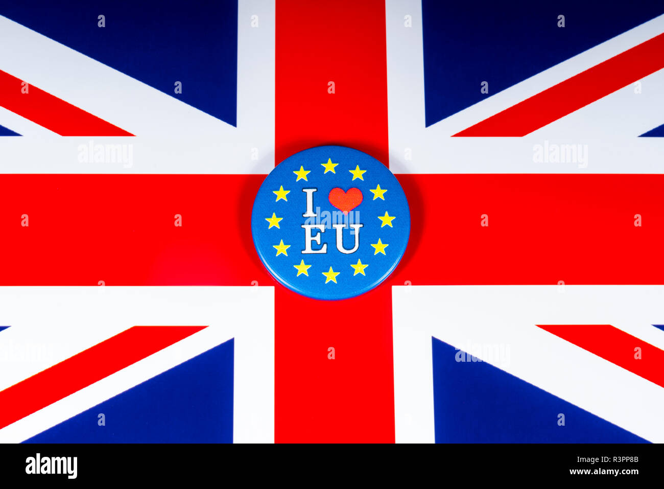 London, UK - November 20th 2018: I Love the EU pin badge, pictured over ...