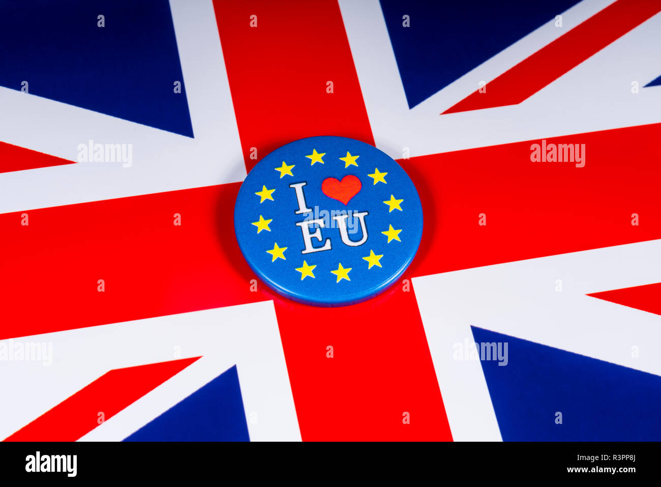 London, UK - November 20th 2018: I Love the EU pin badge, pictured over ...