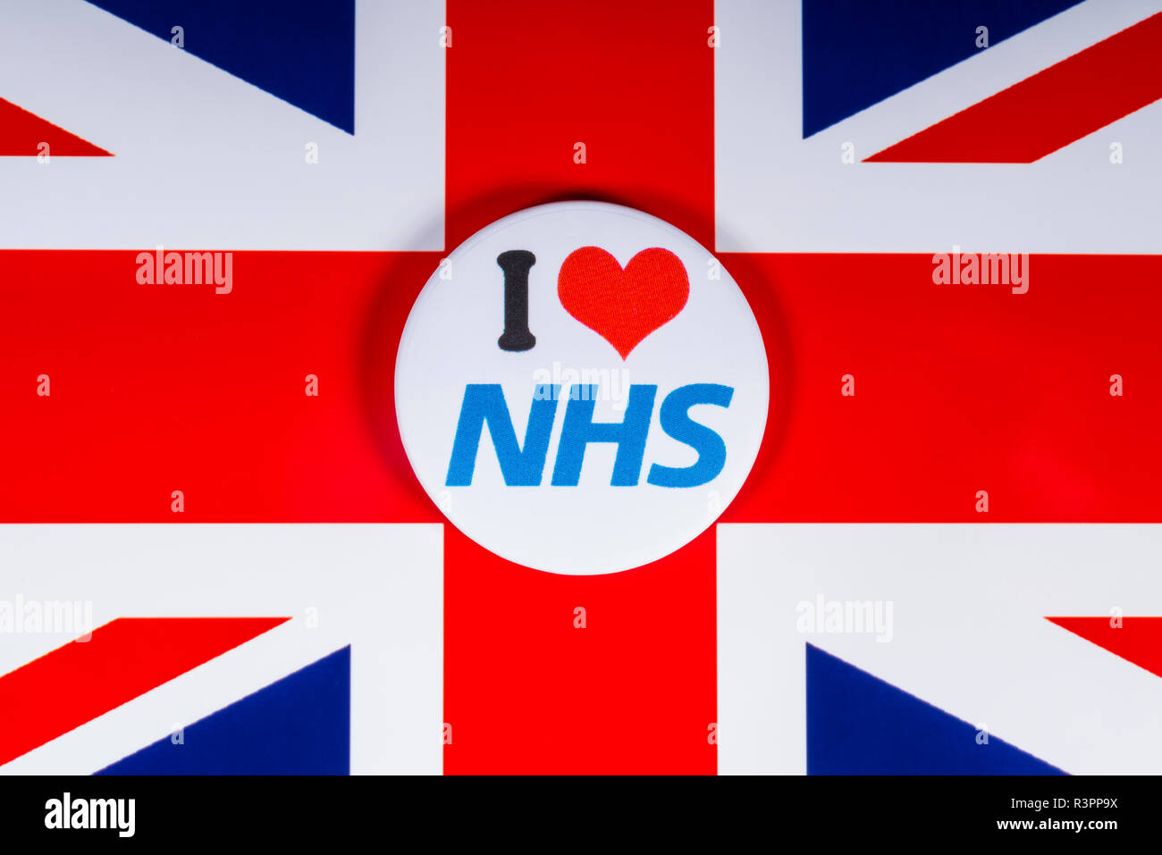 London, UK - November 20th 2018: I Love the NHS pin badge, pictured ...