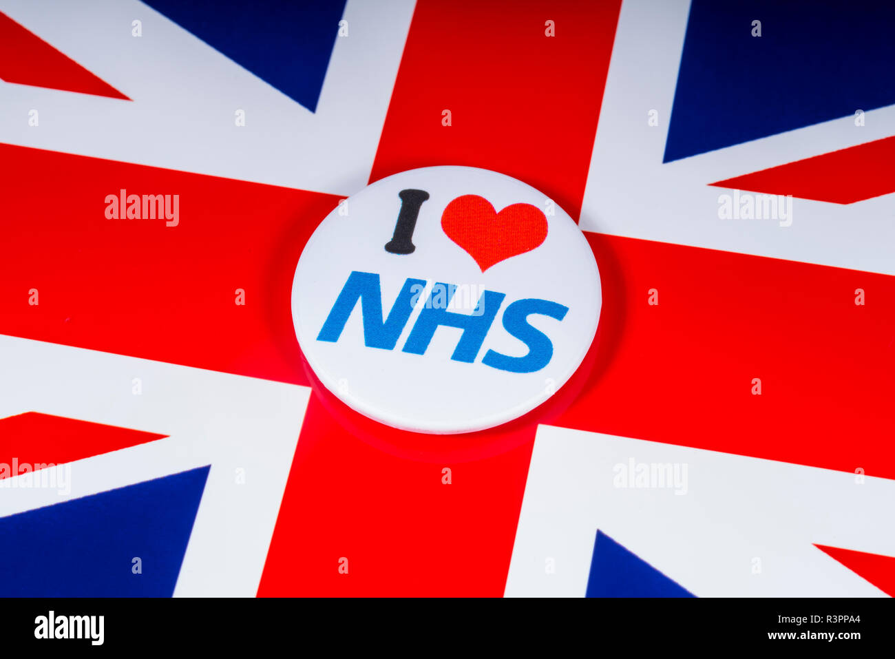 London, UK - November 20th 2018: I Love the NHS pin badge, pictured ...