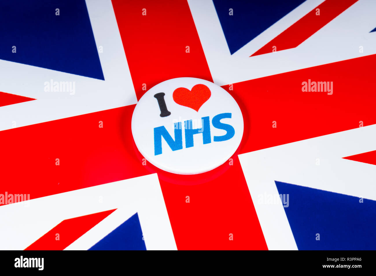 London, UK - November 20th 2018: I Love the NHS pin badge, pictured ...