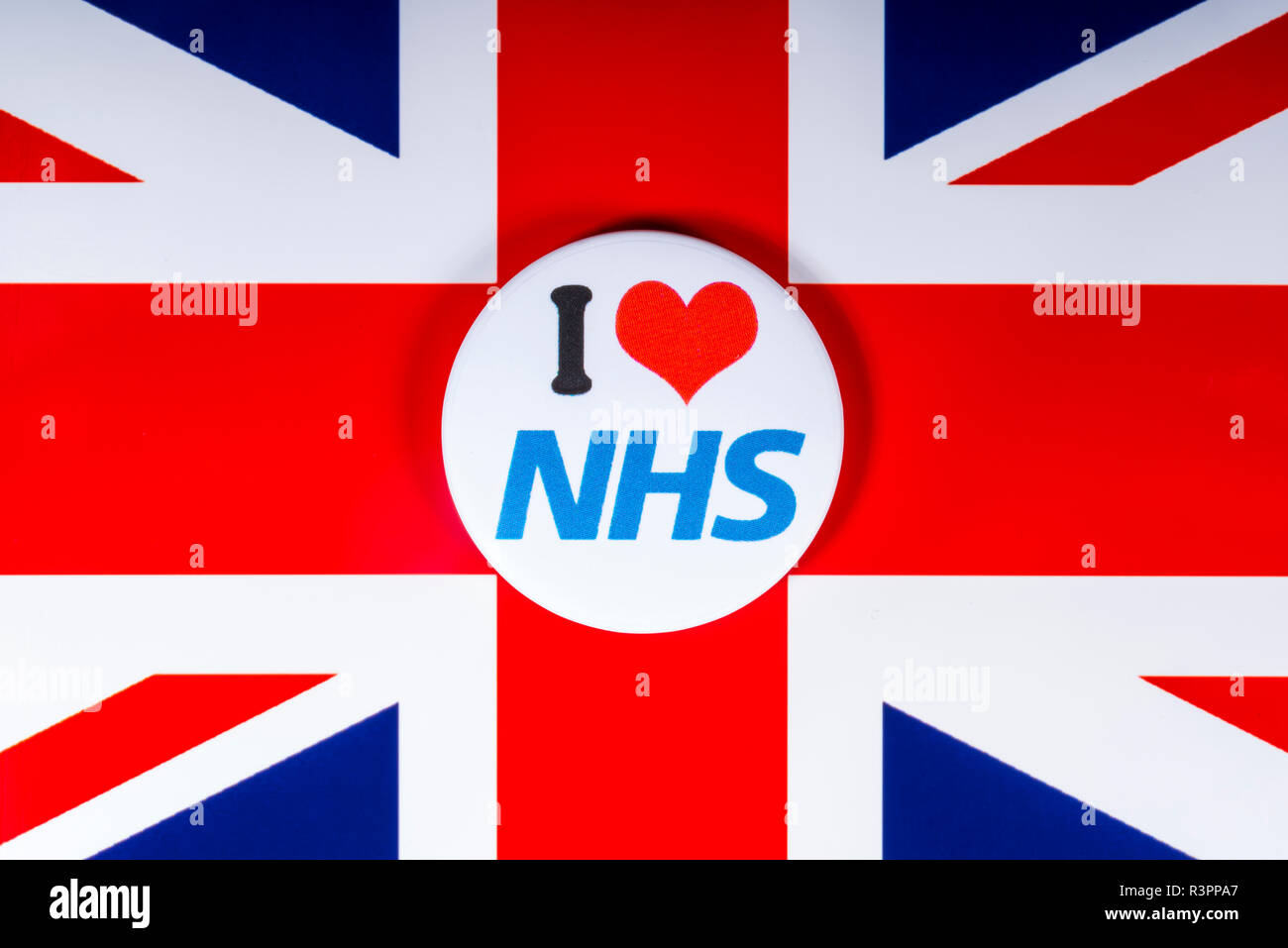 London, UK - November 20th 2018: I Love the NHS pin badge, pictured ...