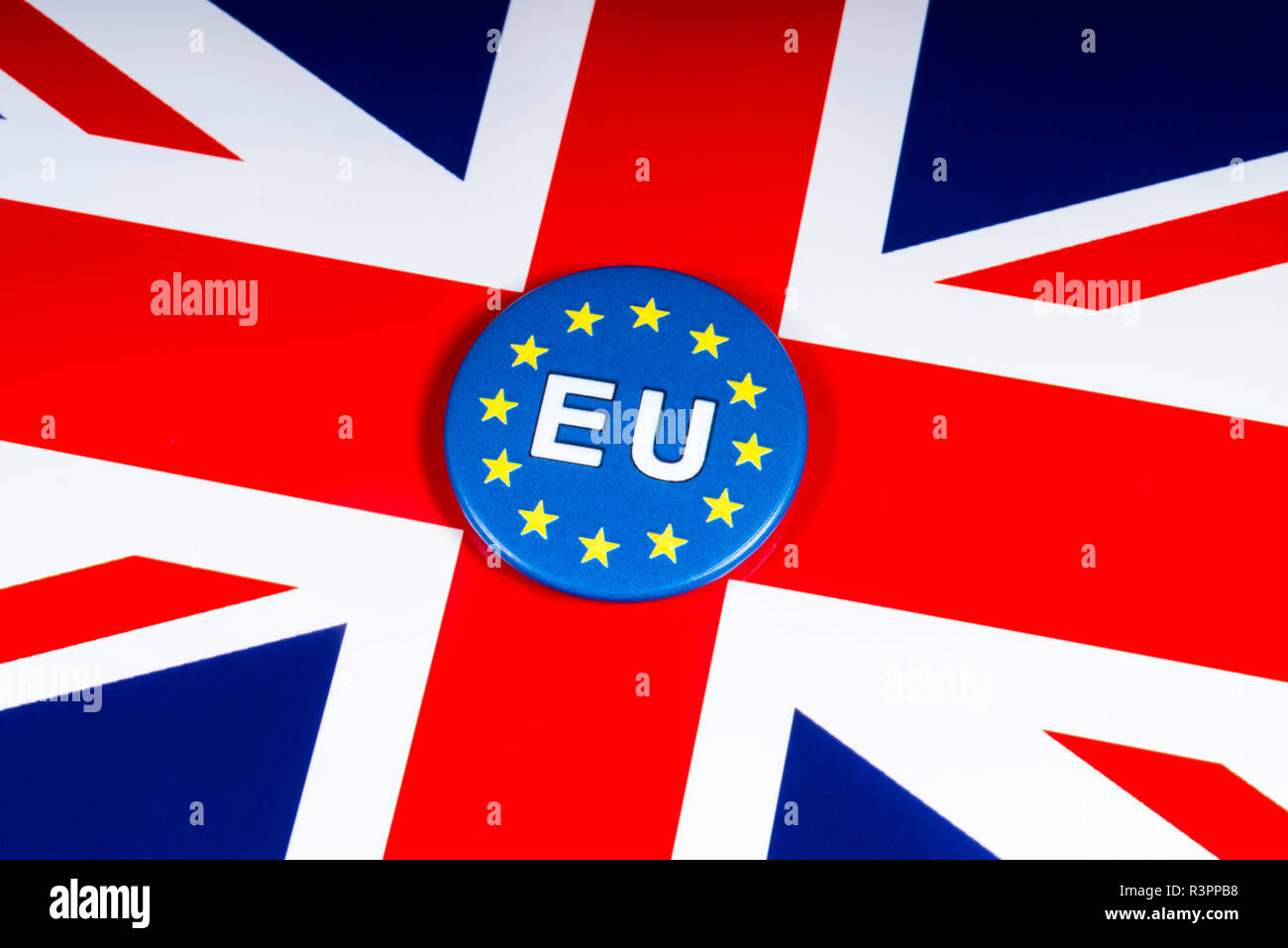 London, UK - November 20th 2018: An EU pin badge, pictured over the ...