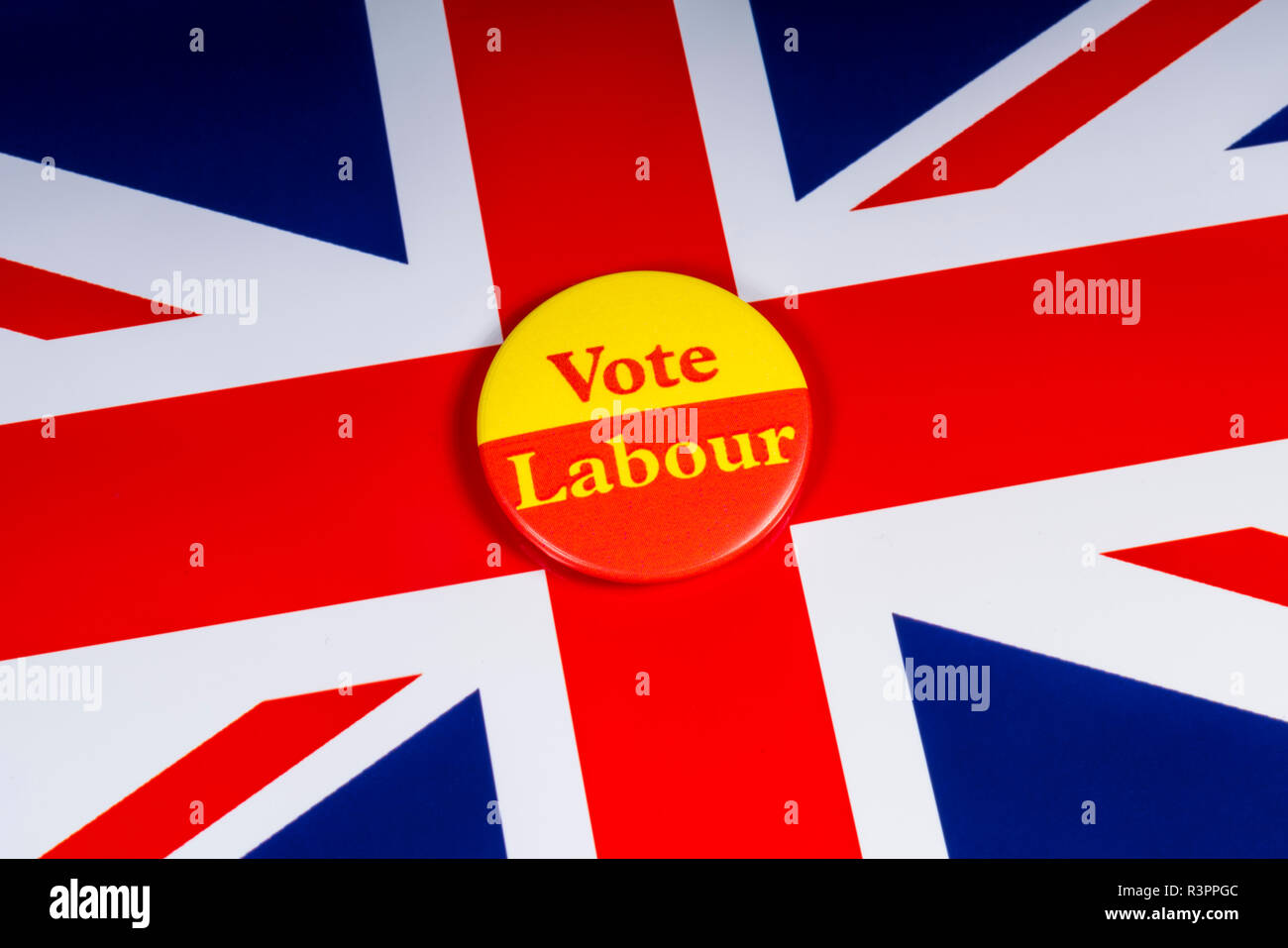 London, UK - November 20th 2018: A Vote Labour pin badge, pictured over ...