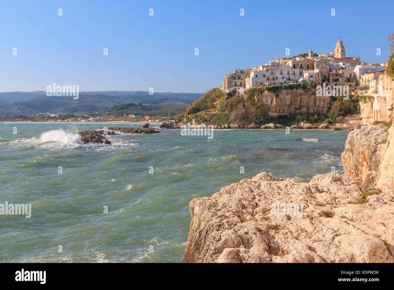Foggia, Gargano National Park, old town Vieste. White-washed stone ...