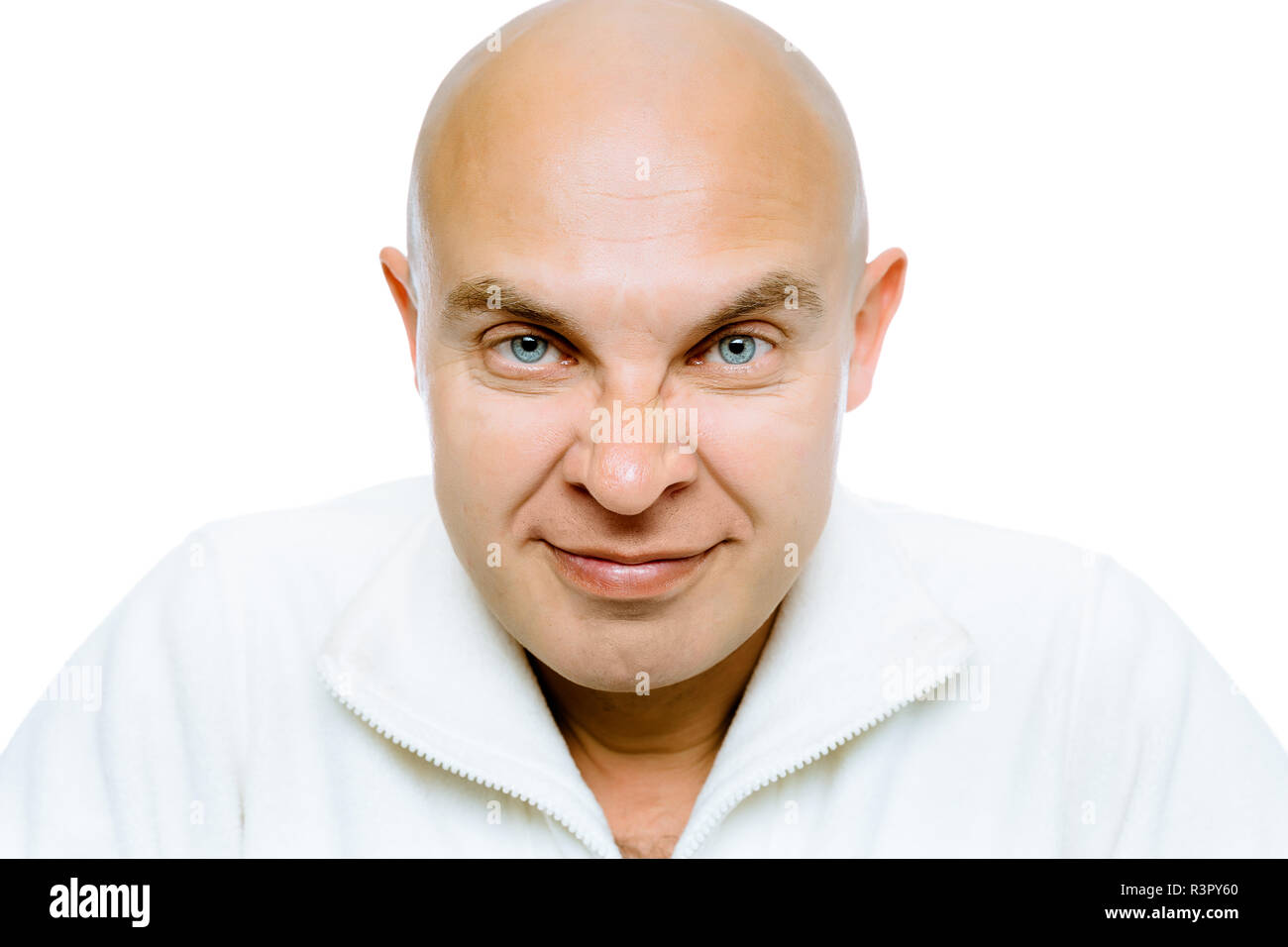 Bald evil grinning man. Isolated. Studio Stock Photo - Alamy