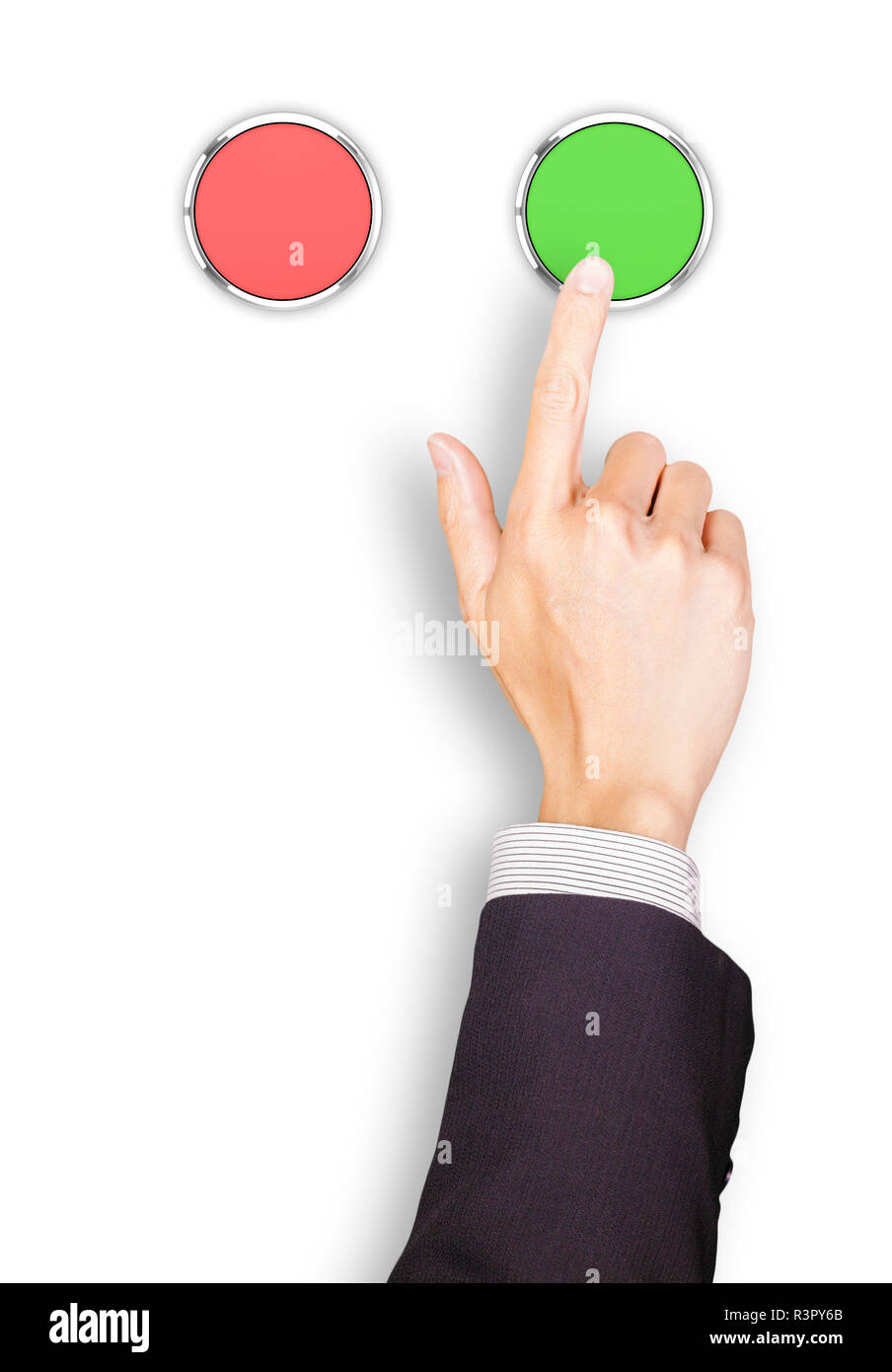 Hand of businessman, red and green buttons, top view Stock Photo - Alamy