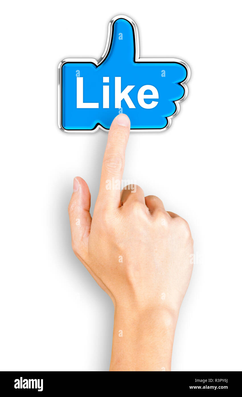 Hand clicking a blue like button, top view Stock Photo - Alamy